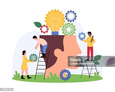 브레인스토밍과 창의적 사고 과정 작은 사람들은 열린 머리 안에서 기어를 가지고 일합니다 개념에 대한 스톡 벡터 아트 및 기타