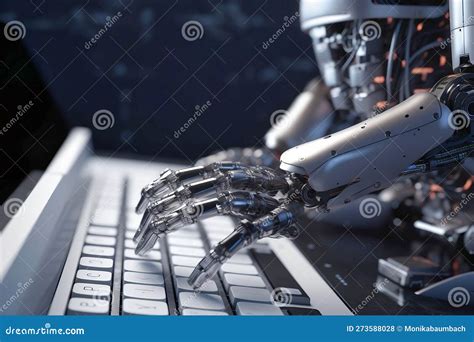Close Up Of Ai Android Robot Writing Text On Laptop Generative Ai Illustration Stock