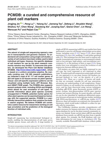 Pdf Pcmdb A Curated And Comprehensive Resource Of Plant Cell Markers