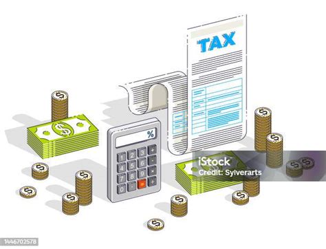 과세 개념 현금 돈 스택 및 계산기 흰색 배경에 고립 된 세금 양식 또는 종이 법적 문서 아이소메트릭 벡터 비즈니스 및 금융 일러스트 레이 션 3d 얇은 라인 디자인 4월에