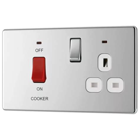 LAP 45A 2 Gang DP Cooker Switch 13A DP Switched Socket Polished Chrome With LED With White