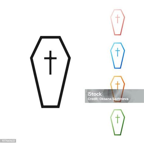 흰색 배경에 고립 된 기독교 십자가 아이콘과 검은 관 해피 할로윈 파티 다채로운 아이콘을 설정합니다 벡터 일러스트레이션 관