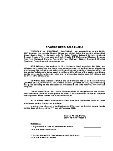 Divorce Deed Marriage Wife