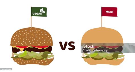 비건 대 고기 햄버거 햄버거와 채소 패티와 고기 대용품 또는 대안 및 쇠고기 건강에 해로운 패티의 비교 채식 햄버거와 고기 햄버거 햄버거 류에 대한 스톡 벡터 아트 및 기타