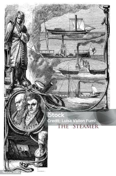 증기선의 삽화와 제임스 와트 스코틀랜드 발명가이자 최초의 상업용 증기 동력 선박의 개발자인 로버트 풀턴의 초상화가 있는 증기선에 대한 장의 타이포그래피 프런티스피스 새긴