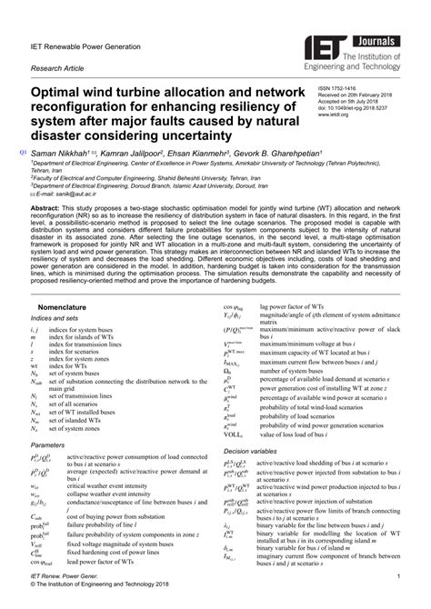Pdf Optimal Wind Turbine Allocation And Network Reconfiguration For Enhancing Resiliency Of