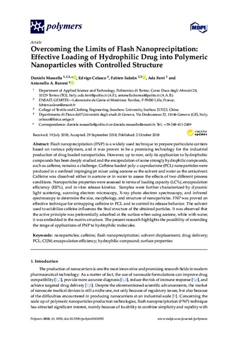 Pdf Overcoming The Limits Of Flash Nanoprecipitation Effective Loading Of Hydrophilic Drug