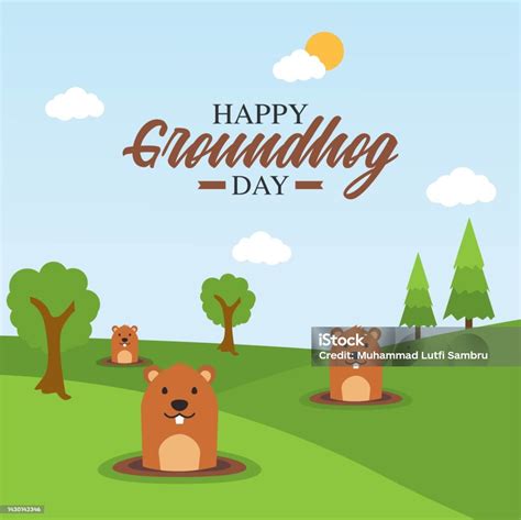 해피 그라운드호그 데이 벡터 일러스트레이션 인사말 카드 포스터 및 배너에 적합 우드척 다람쥐에 대한 스톡 벡터 아트 및 기타