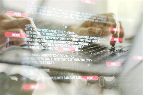 Premium Photo Double Exposure Of Abstract Programming Language Hologram With Hands Typing On