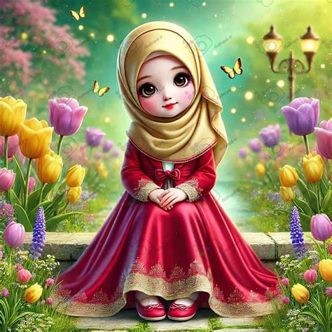 بک گراند کودکانه دختربچه ناز با حجاب نشسته روی سکوی سنگی در باغ گل لاله کد 43569 ویژه عکس گراف