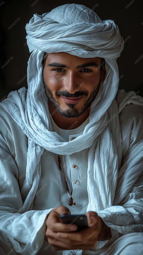 Traditional Middle Eastern Man In White Robe And Turban Using