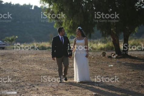 여름 초원에서 밖에서 낭만적 인 순간을 즐기는 젊은 결혼식 커플 공간을 복사합니다 소나무 숲입니다 녹색 숲은 사진 초상화키스입니다 신부와 신랑 결혼 의식에 대한 스톡 사진