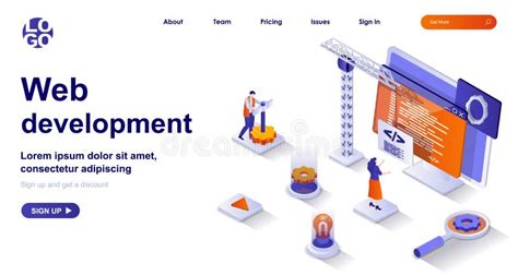 Web Development Isometric Landing Page Development Of Interface Site Code Isometry Concept