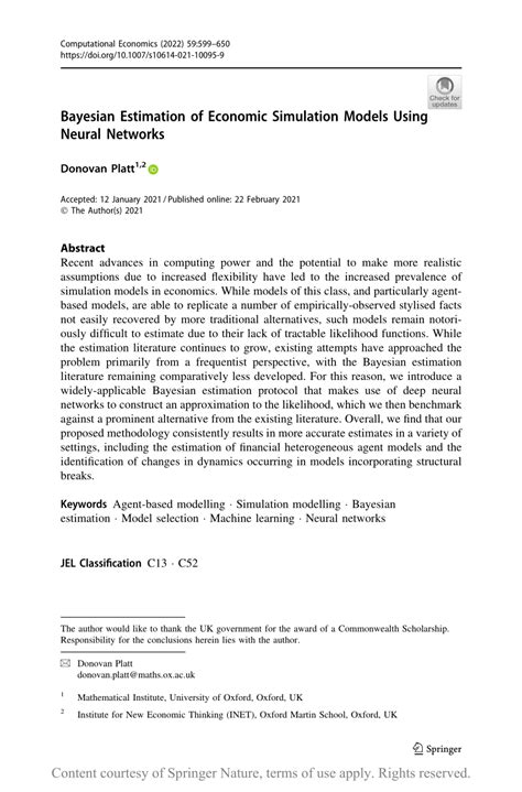 Pdf Bayesian Estimation Of Economic Simulation Models Using Neural Networks