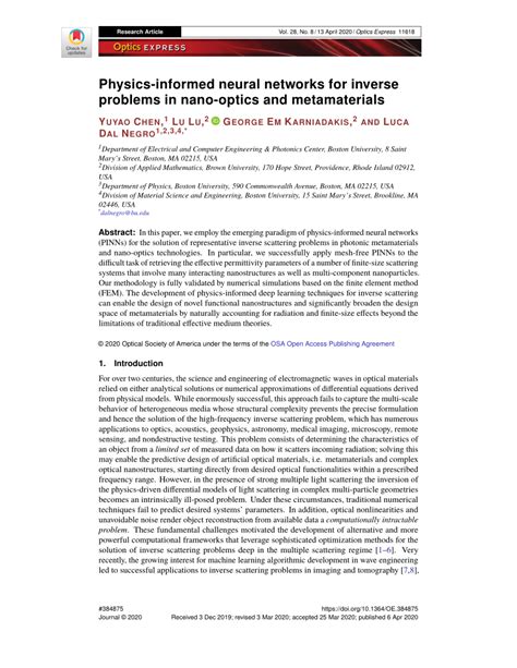 PDF Physics Informed Neural Networks For Inverse Problems In Nano Optics And Metamaterials
