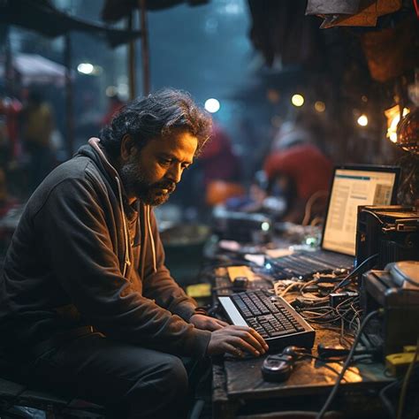 Bangladeshi Man Troubleshooting On A Laptop In A Dimly Lit Workspace Premium Ai Generated Image