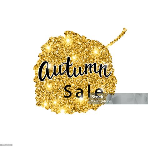 가을 세일 브러쉬 레터링 흰색 배경에 반짝반짝 골드 반짝이 배너 디자인 황금빛 반짝이는 아스펜 잎의 장식이 있는 계절별 할인