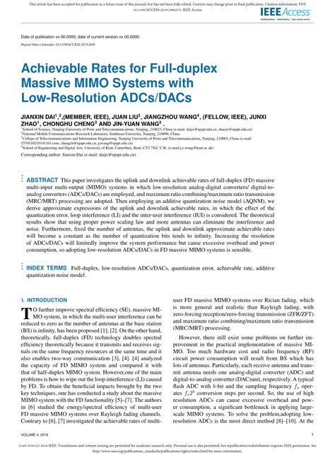 Pdf Achievable Rates For Full Duplex Massive Mimo Systems With Low Resolution Adcsdacs