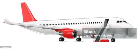 빨간 꼬리 날개 3 차원 높은 자세한 흰색 정기 여객기는 흰색 바탕에 렌더링 합니다 오픈 보 딩 사다리 절연된 3d 그림으로
