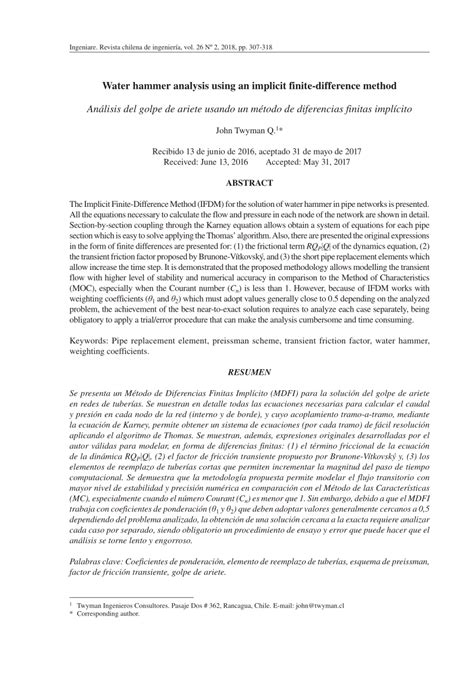 PDF Water Hammer Analysis Using An Implicit Finite Difference Method