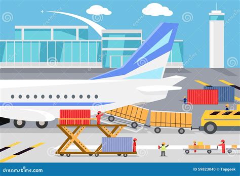 Loading Freight Containers In A Cargo Plane Stock Vector Illustration