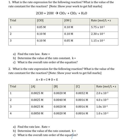 Solved 1 What Is The Rate Expression For The Following