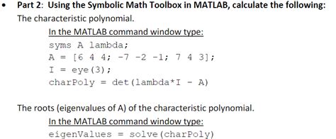 Solved Part 2 Using The Symbolic Math Toolbox In Matlab