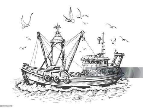바다에서 낚시 보트 갈매기와 배 물 위에 배 바다 풍경 어업 스케치 벡터 일러스트 레이 션 어선에 대한 스톡 벡터 아트 및 기타