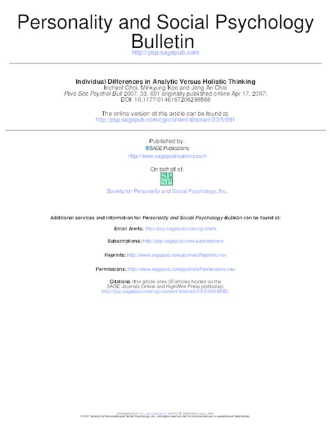 Pdf Individual Differences In Analytic Versus Holistic Thinking