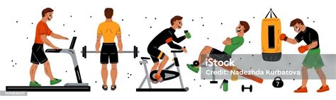 스포츠 체육관에서 남자 운동 선수는 시뮬레이터에 종사 피트니스 룸의 근육 캐릭터 근력 운동 디딜 방아와 바벨로 운동하는 사람들 가리쉬 벡터 트레이닝 스포츠맨 세트 가정의