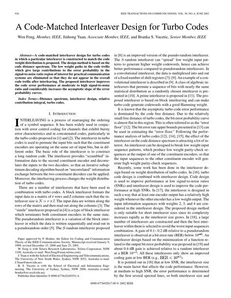 Pdf A Code Matched Interleaver Design For Turbo Codes