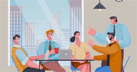 팀워크 비즈니스 미팅 회의 상사들이 노동자들과 이야기합니다 비즈니스 프로젝트에 대해 논의하거나 탁 트인 창 근처의 사무실에서 노트북을 들고 테이블에 앉아 계획을