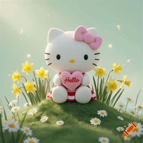 A 3d Rendered Hello Kitty On A Grassy Hill With Daffodils And Daisies