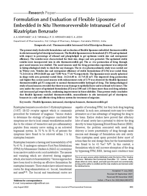 Formulation And Evaluation Of Flexible Liposome Embedded Emin Situem Thermoreversible Intranasal