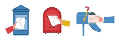 사람들이 편지를 넣는 사서함 집합입니다 손 잡고 봉투 서신 보내기 다른 유형의 우체통 새 메시지 그래픽 우편 서비스 벡터 만화 평면 그림 개념에 대한 스톡 벡터 아트 및