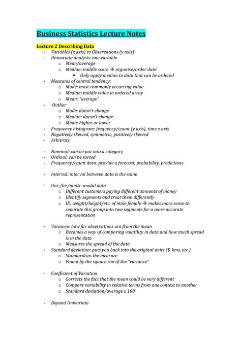 Business Statistics Lecture Notes Business Statistics Lecture Notes Lecture 2 Describing Data