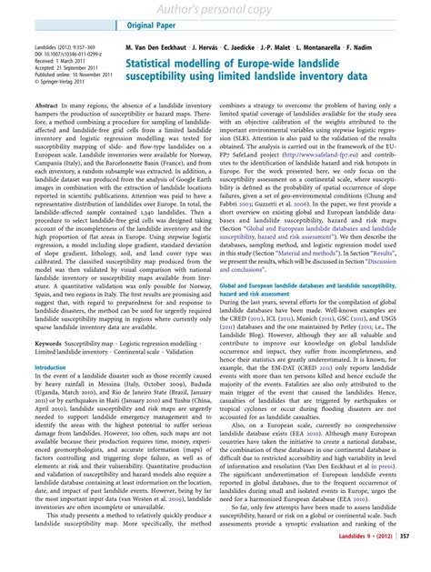Pdf Statistical Modelling Of Europe Wide Landslide Susceptibility