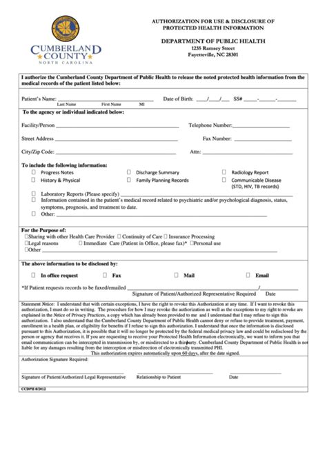 Fillable Authorization Form For Disclosure Of Protected Information