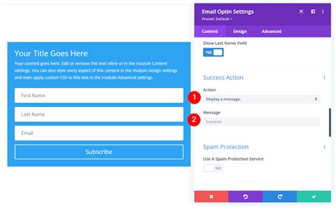 how to customize the success action in your divi email optin form