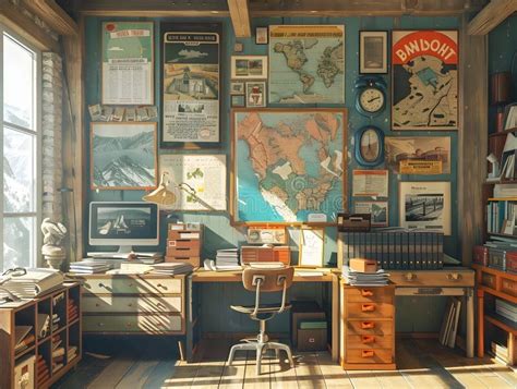 Vintage Classroom Setup With Travel Posters Toolkits And Backhoe