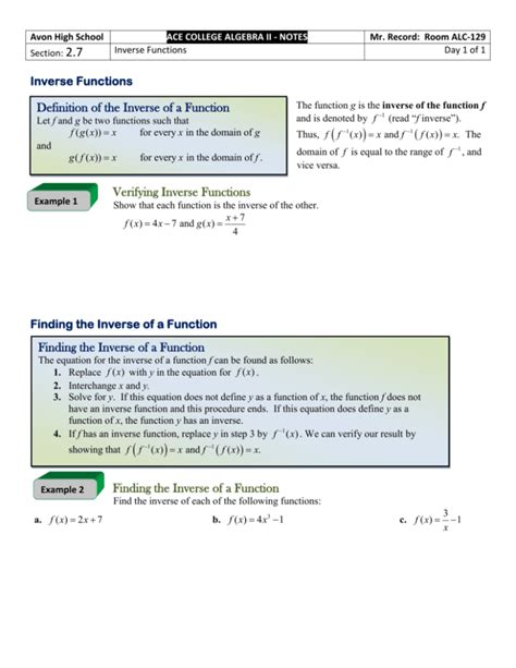 inverse functions algebra ii notes