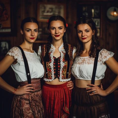 Premium Ai Image Three Traditional Bavarian Girls In A Bar
