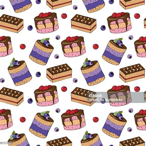 다양한 케이크와 원활한 패턴 과자 당신의 디자인에 대한 끝없는 질감 벡터 그림입니다 0명에 대한 스톡 벡터 아트 및 기타 이미지 0명 개체 그룹 거품 내기 Istock