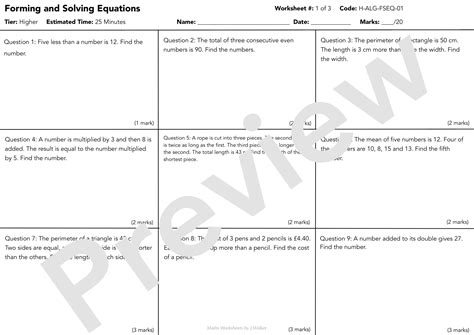 Gcse Maths Worksheet Forming And Solving Equations Higher Tier Teaching Resources