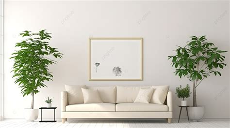 흰색 벽 소파 식물과 매혹적인 3d 렌더링을 갖춘 포스터 프레임을 갖춘 세련된 거실 인테리어 방 모형 인테리어 모형 거실 모형 배경 일러스트 및 사진 무료 다운로드