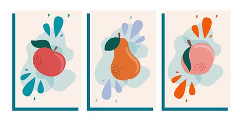 트렌디 한 추상 포스터는 여전히 과일과 함께 생활합니다 현대 미술 컬렉션 추상 기하학적 요소 사과 배와 복숭아와 소셜 네트워크에 대한 모양 개체 그룹에 대한 스톡 벡터 아트
