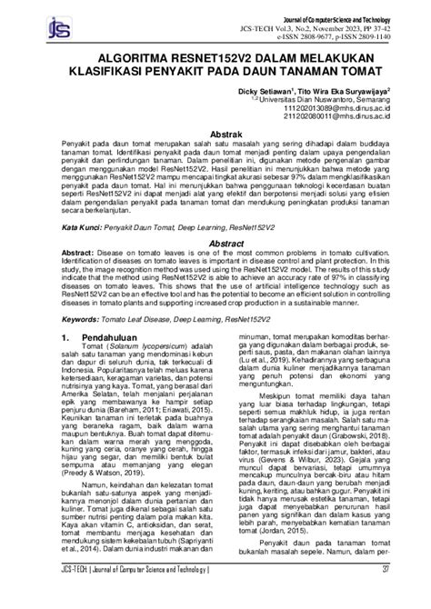 Pdf Algoritma Resnet152v2 Dalam Melakukan Klasifikasi Penyakit Pada Daun Tanaman Tomat