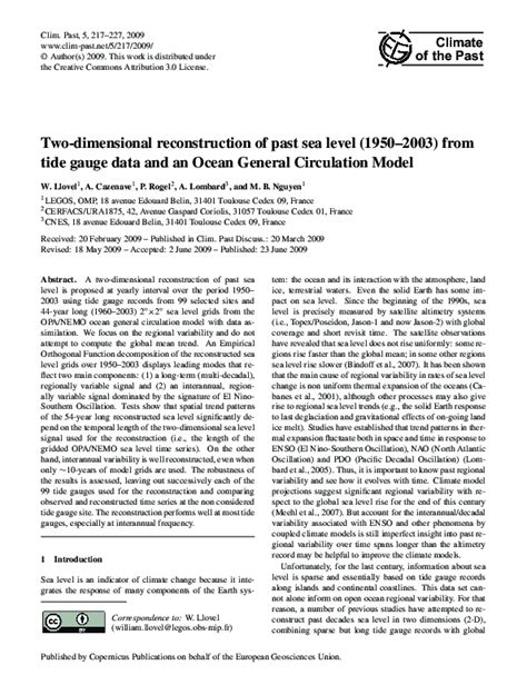 Pdf Two Dimensional Reconstruction Of Past Sea Level 19502003 From Tide Gauge Data And An