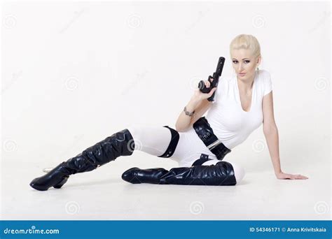 Blonde With A Gun Stock Image Image Of Attractive Boots 54346171