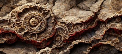 Fossilized Ammonite Sea Shell Spirals Embedded Into Rustic Brown Red